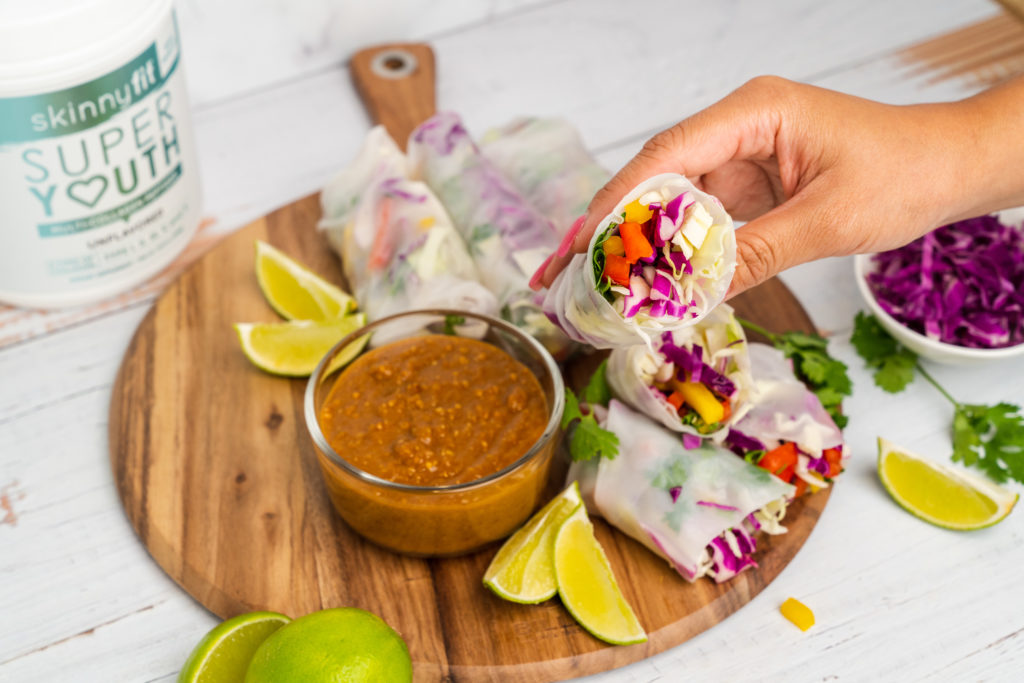 Easy Rainbow Vegetable Rolls w/ Spicy Peanut Sauce - SkinnyFit