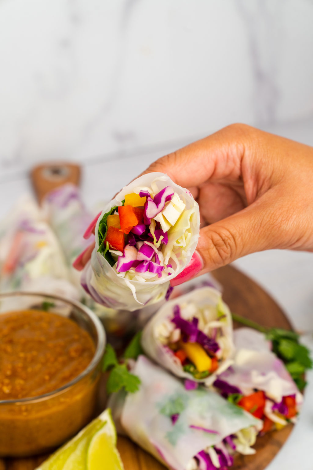 Easy Rainbow Vegetable Rolls w/ Spicy Peanut Sauce - SkinnyFit